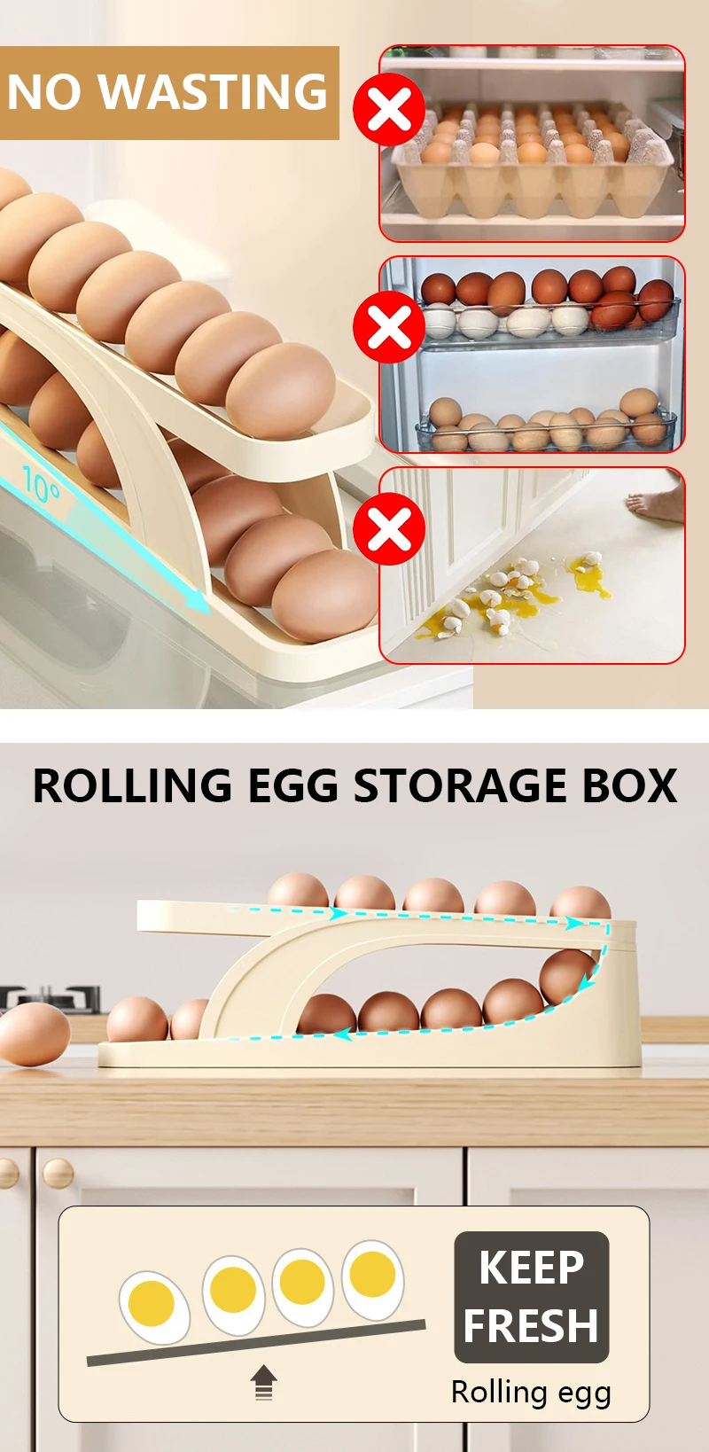 Double-Layer Egg Dispenser Automatic Roll-Down Egg Storage Rack Slide Egg Carton Refrigerator ...